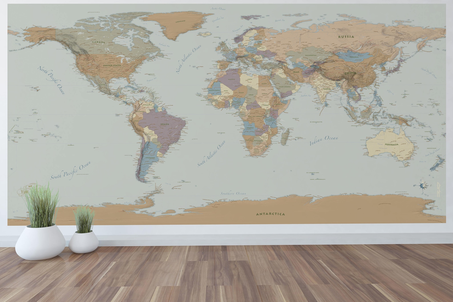 Giant World Map Mural Wall Art World Map Decal 96"x48" With Mountains ...