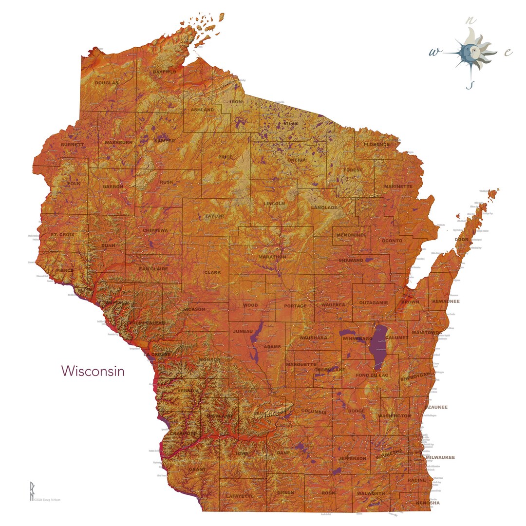 Wisconsin Embers Shaded Relief Map - Etsy