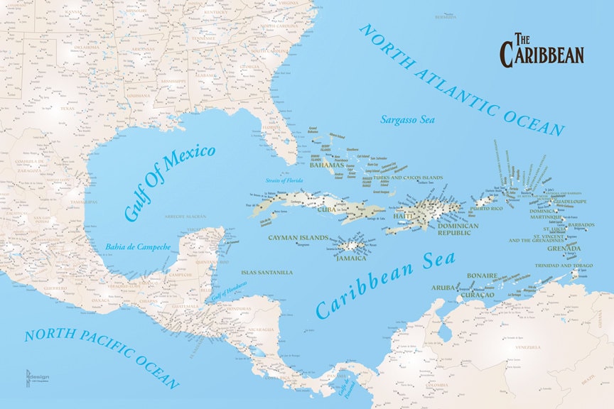 Caribbean Travel Map, Paper Print Travel Map, Caribbean Wall Map, Map ...