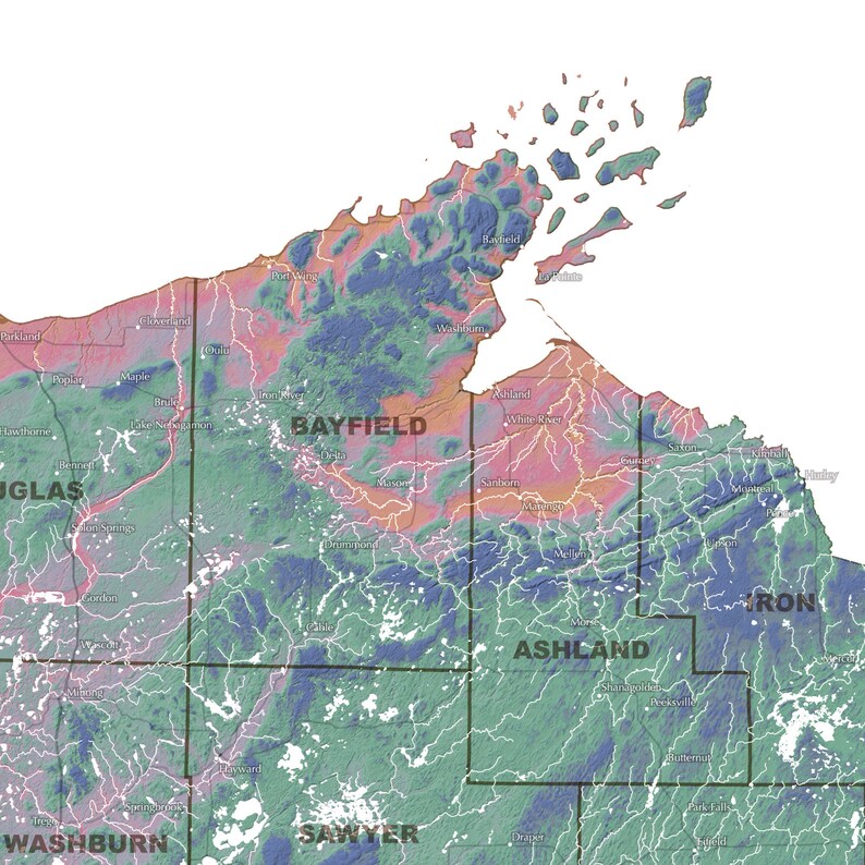 Wisconsin Topographic Map Wall Art in Pastels | Shaded Relief Map Print ...