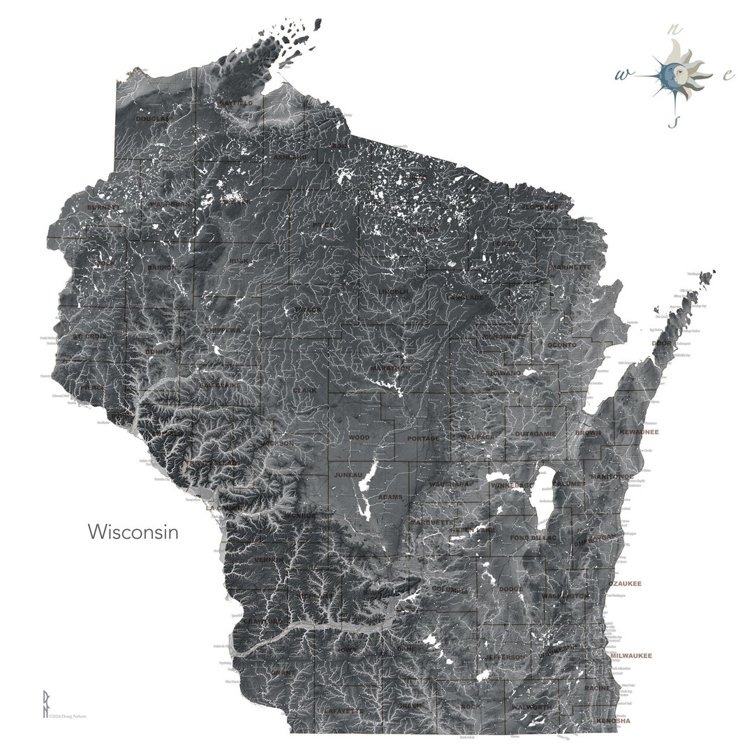 Wisconsin Grays Shaded Relief Map - Etsy