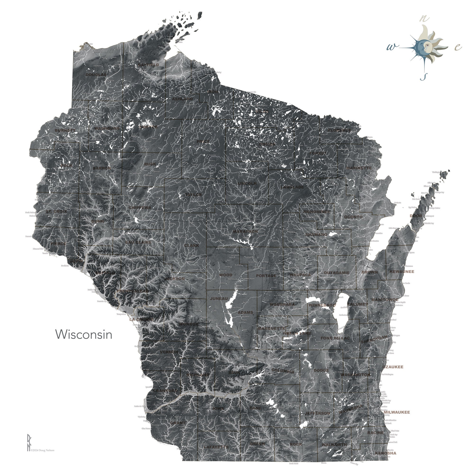 Wisconsin Grays Shaded Relief Map - Etsy