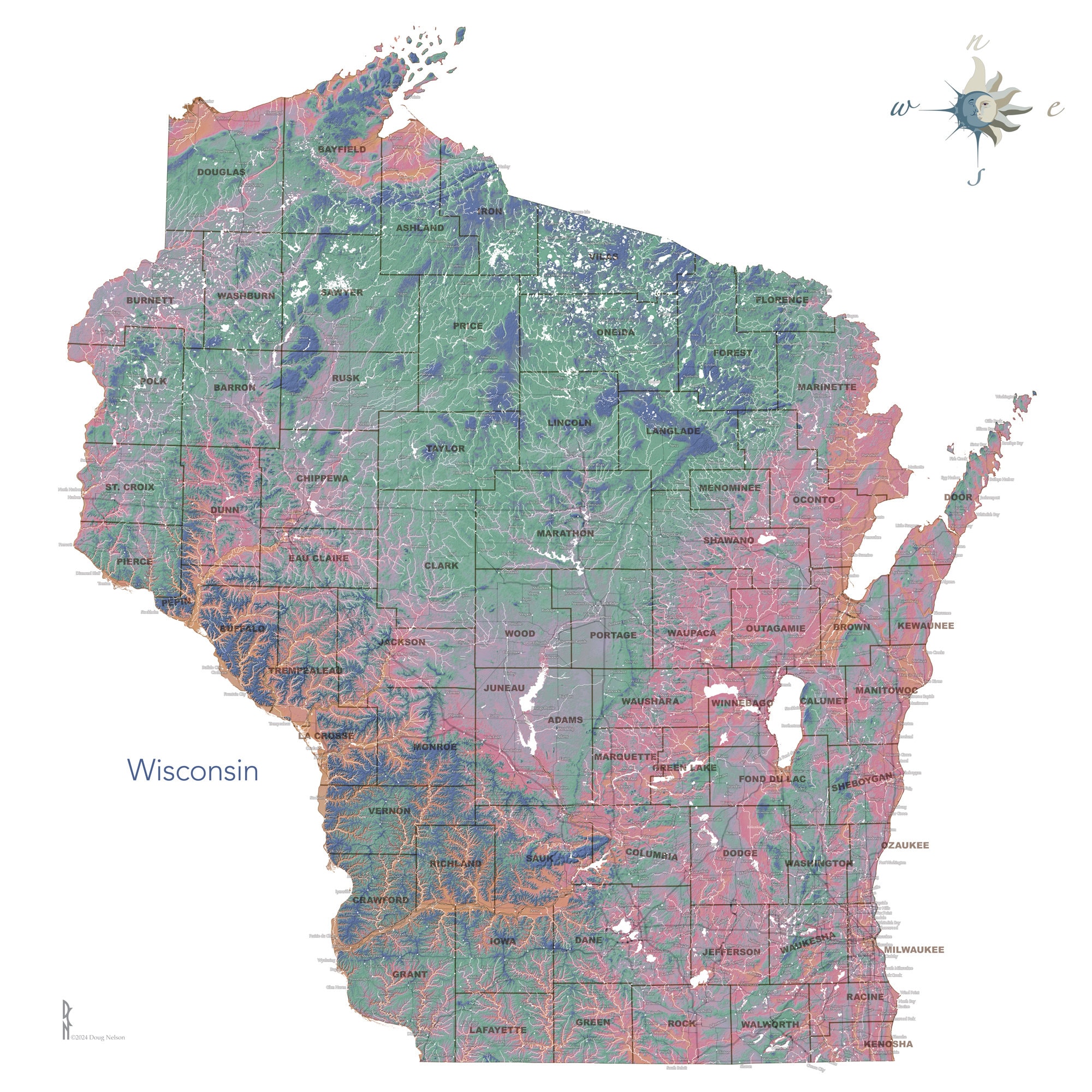 Wisconsin Pastels Shaded Relief Map - Etsy