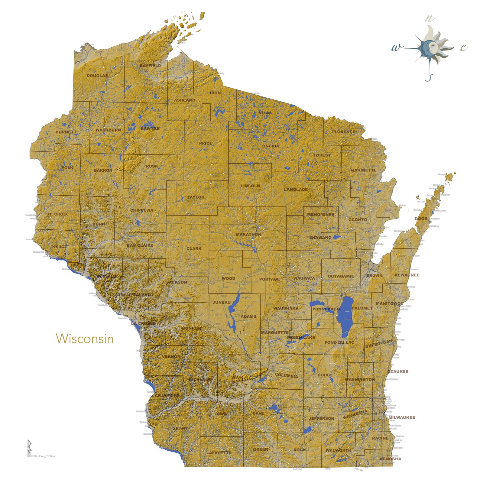 Wisconsin Topographic Map Wall Art in Golds | Shaded Relief Map Print ...