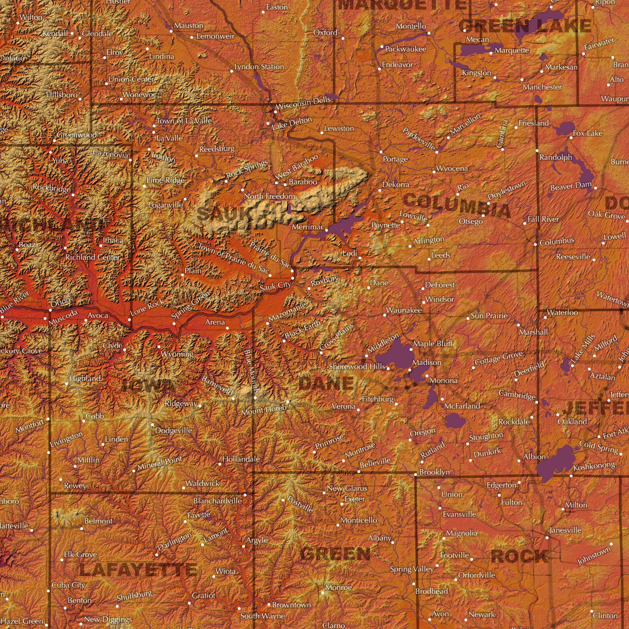 Wisconsin Embers Shaded Relief Map - Etsy