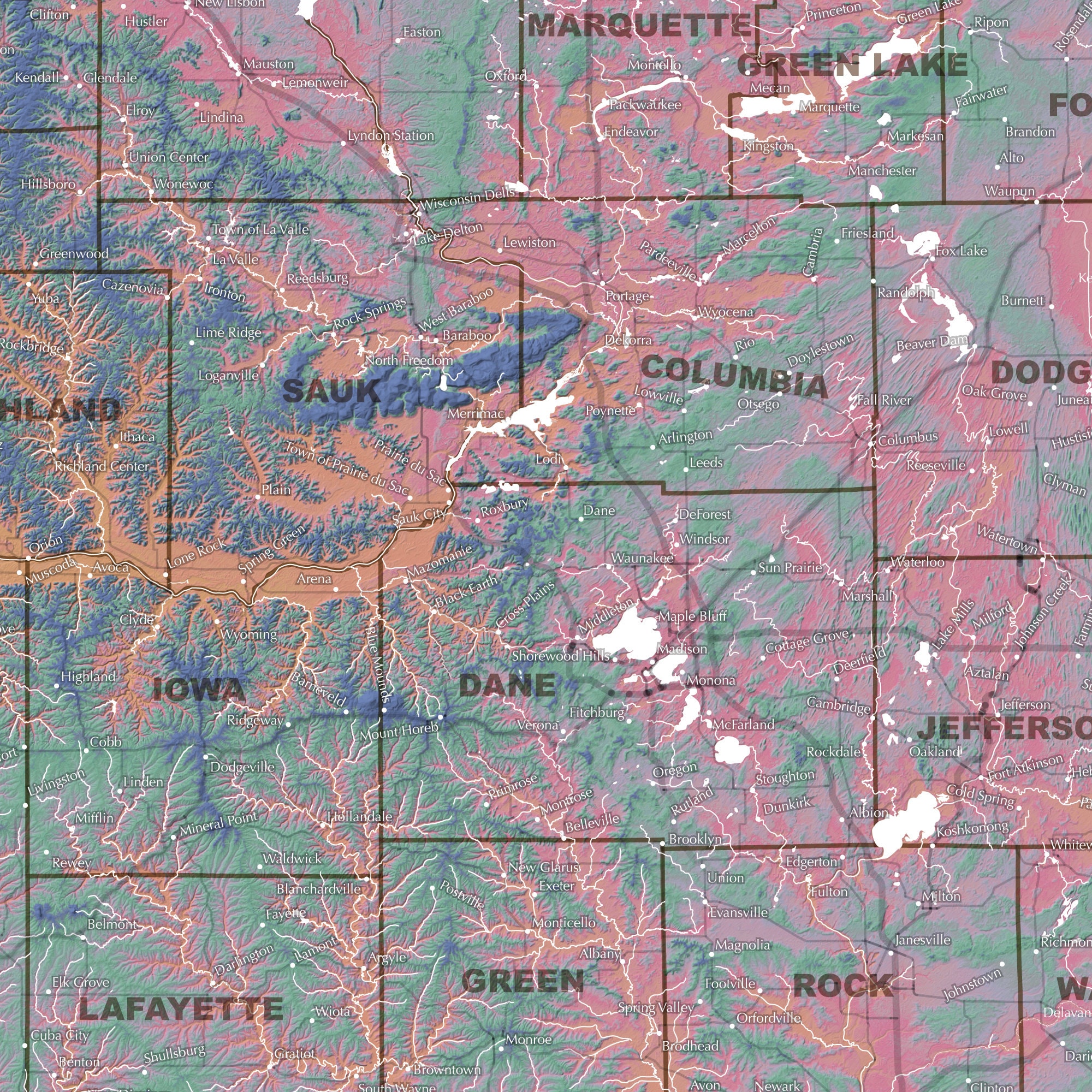 Wisconsin Topographic Map Wall Art in Pastels | Shaded Relief Map Print ...