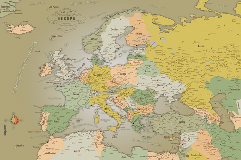 Europe Map, Art or Travel Map Print on Paper, Not AI Designed, Art Map ...
