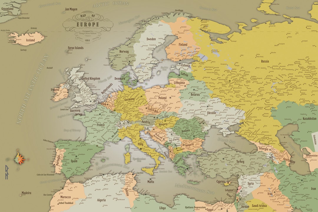 Europe Map, Art or Travel Map Print on Paper, Not AI Designed, Art Map ...