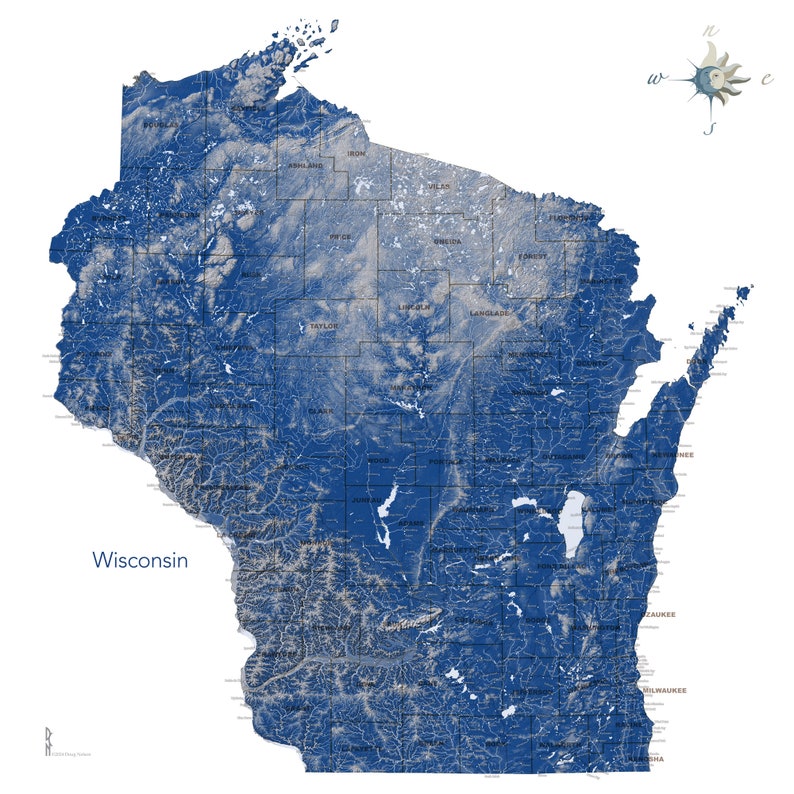 Wisconsin Blues Shaded Relief Map - Etsy