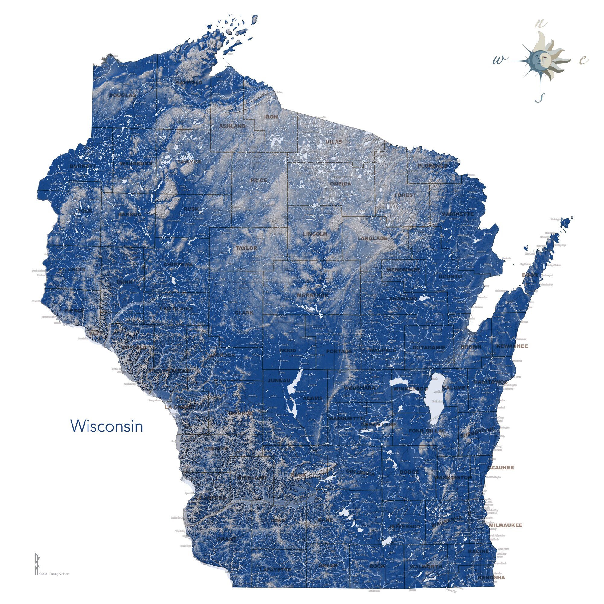 Wisconsin Blues Shaded Relief Map - Etsy