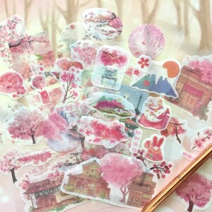45 Cherry Blossom Sakura Themed Sticker Mount Fuji Pink Flower Flower ...