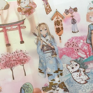4 Sheets Japanese Girl Stickers Japan Kimono Anime Cartoon Comic Girl ...