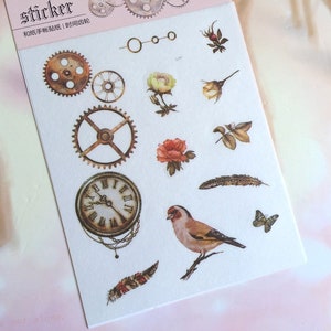 Clock Themed Sticker Cute Birds Clock Gears Bird Feather Vintage Clock ...