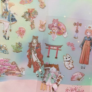 4 Sheets Japanese Girl Stickers Japan Kimono Anime Cartoon Comic Girl ...