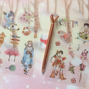 4 Sheets Japanese Girl Stickers Japan Kimono Anime Cartoon Comic Girl ...