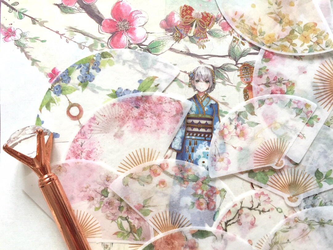 20 Mini Paper Fan Sticker Chinese Art Flower Bird Landscape Drawing ...