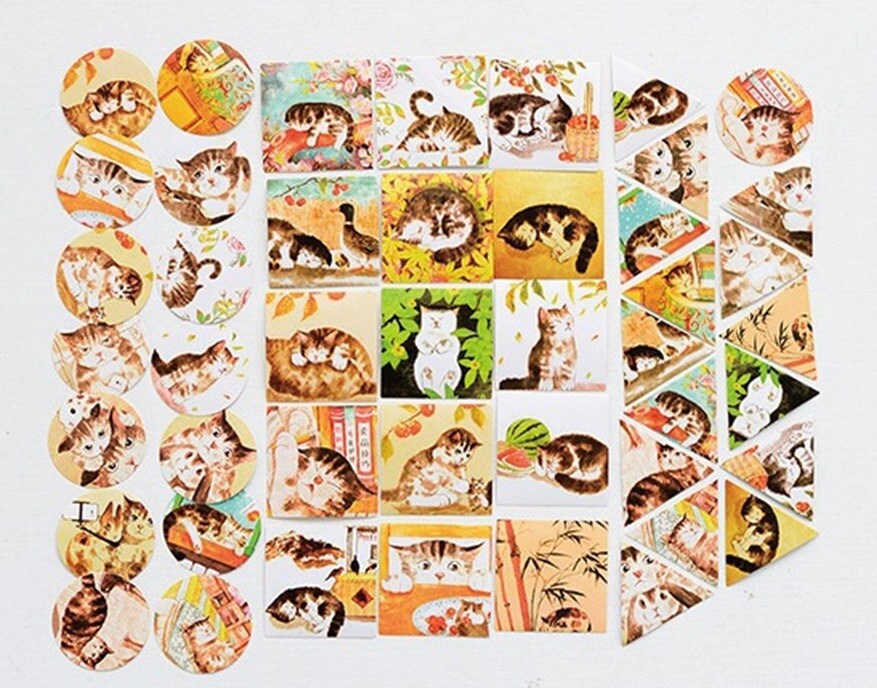Cartoon Cat Label 45 Sticker Watercolor Cat Sticker Cat - Etsy