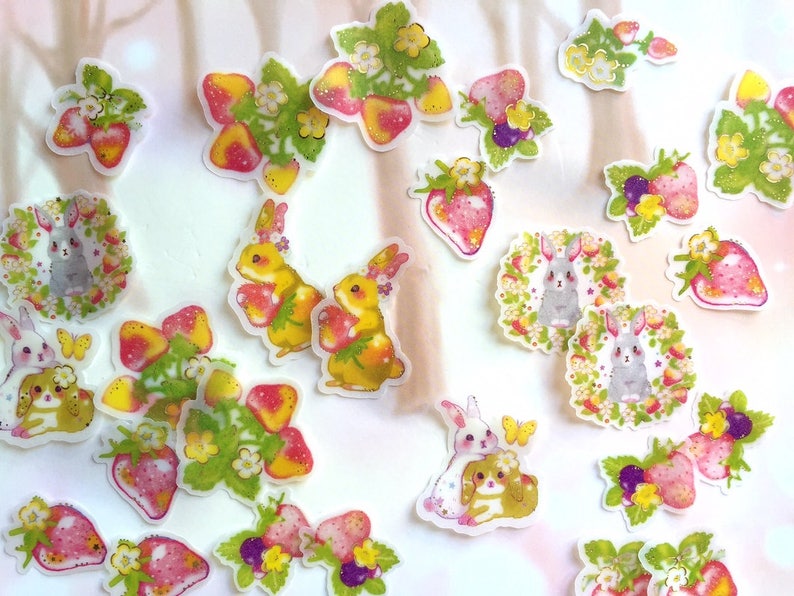 48 Strawberry Garden Rabbit Hare Sticker Super Cute Bunny Easter Rabbit ...
