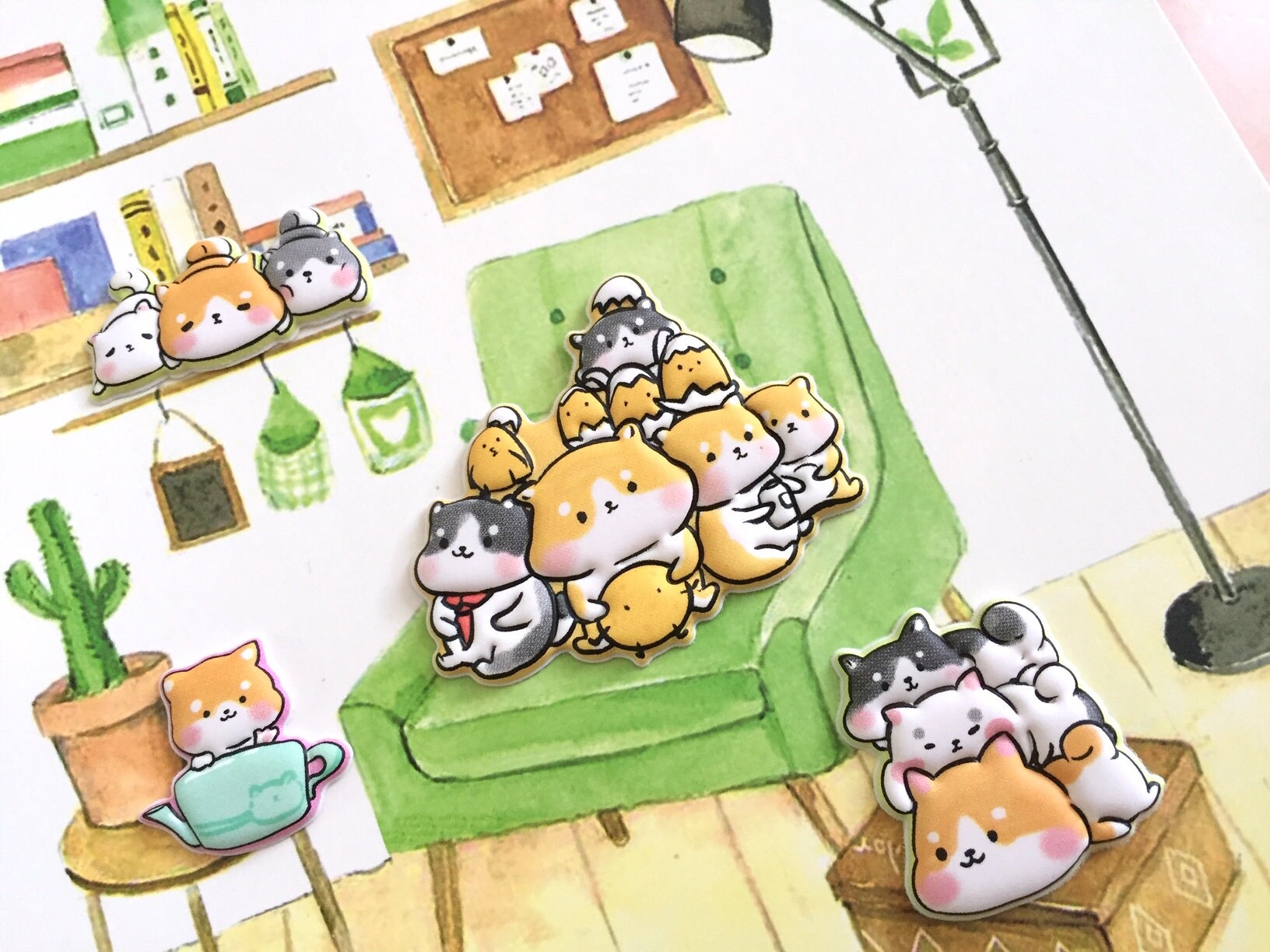 Japanese Cartoon Dog Puffy Sticker Super Cute Pet Dog Family Mini Akita ...