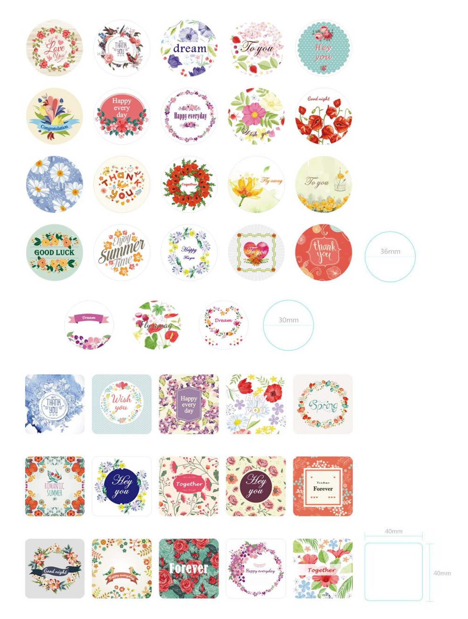 38 Flower Lable Sticker Set Rose Floral Round Sticker Colorful Flower ...