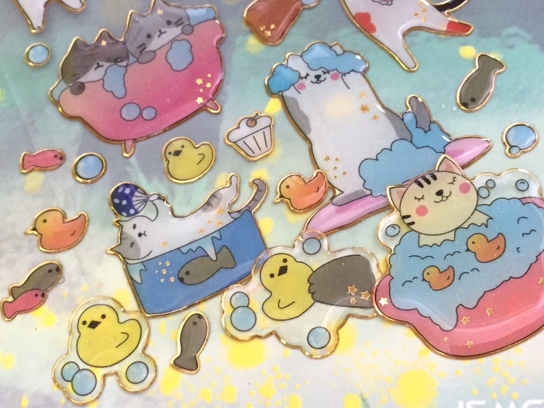 Bathing Cat Sticker Cat Bath Cat Shower Cat Bubble Bath Yellow - Etsy