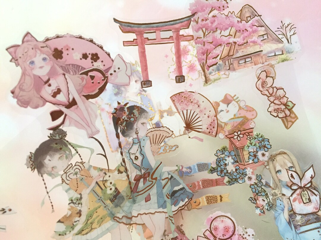 4 Sheets Japanese Girl Stickers Japan Kimono Anime Cartoon Comic Girl ...