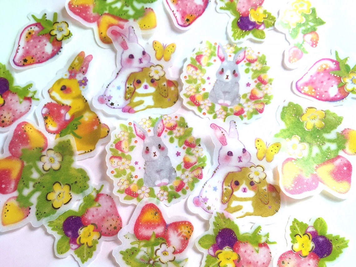 48 Strawberry Garden Rabbit Hare Sticker Super Cute Bunny | Etsy