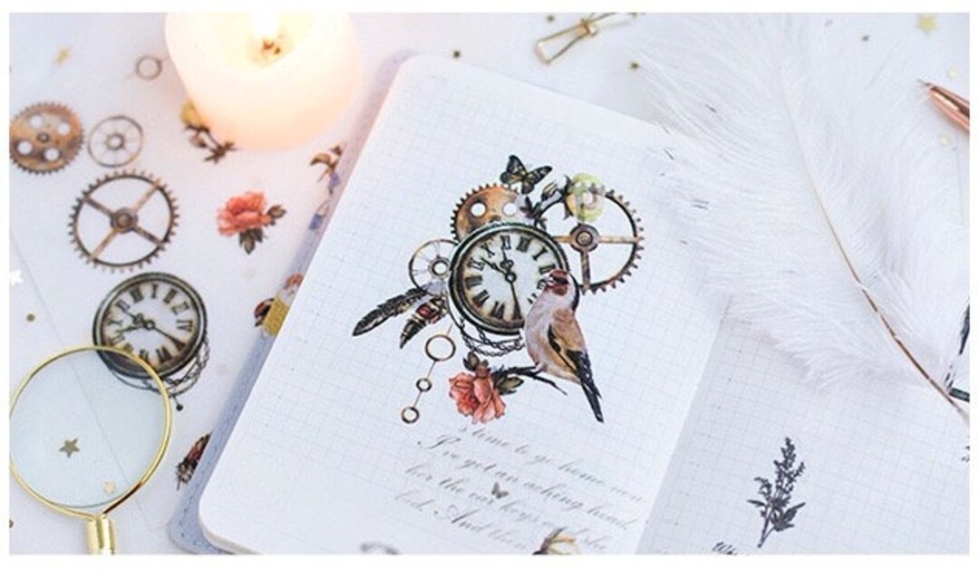Clock Themed Sticker Cute Birds Clock Gears Bird Feather Vintage Clock ...