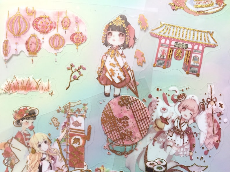 4 Sheets Japan Comic Girl Sticker Traditional Kimono Anime Cartoon ...