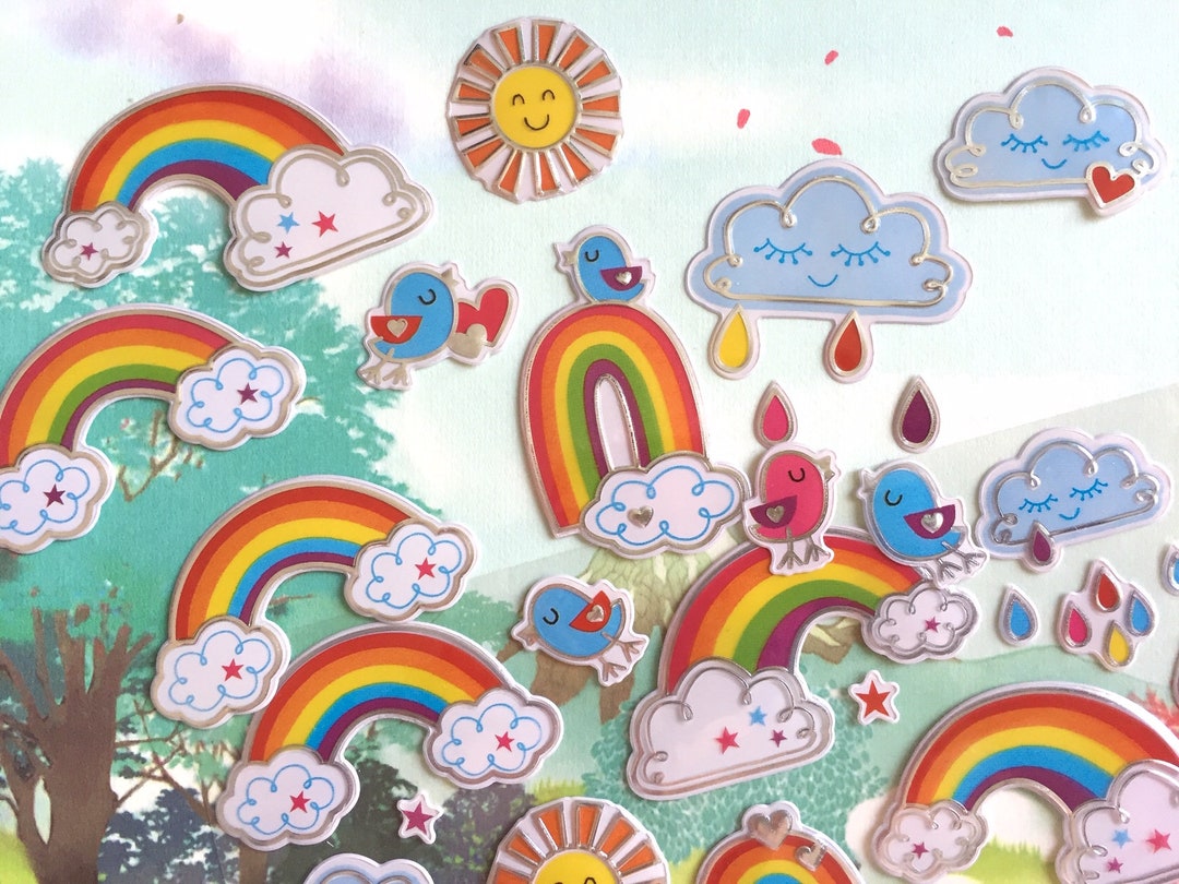 Rainy Day Happy Sun Sticker Cartoon Rainbow Cloud Colorful Rain Drop ...