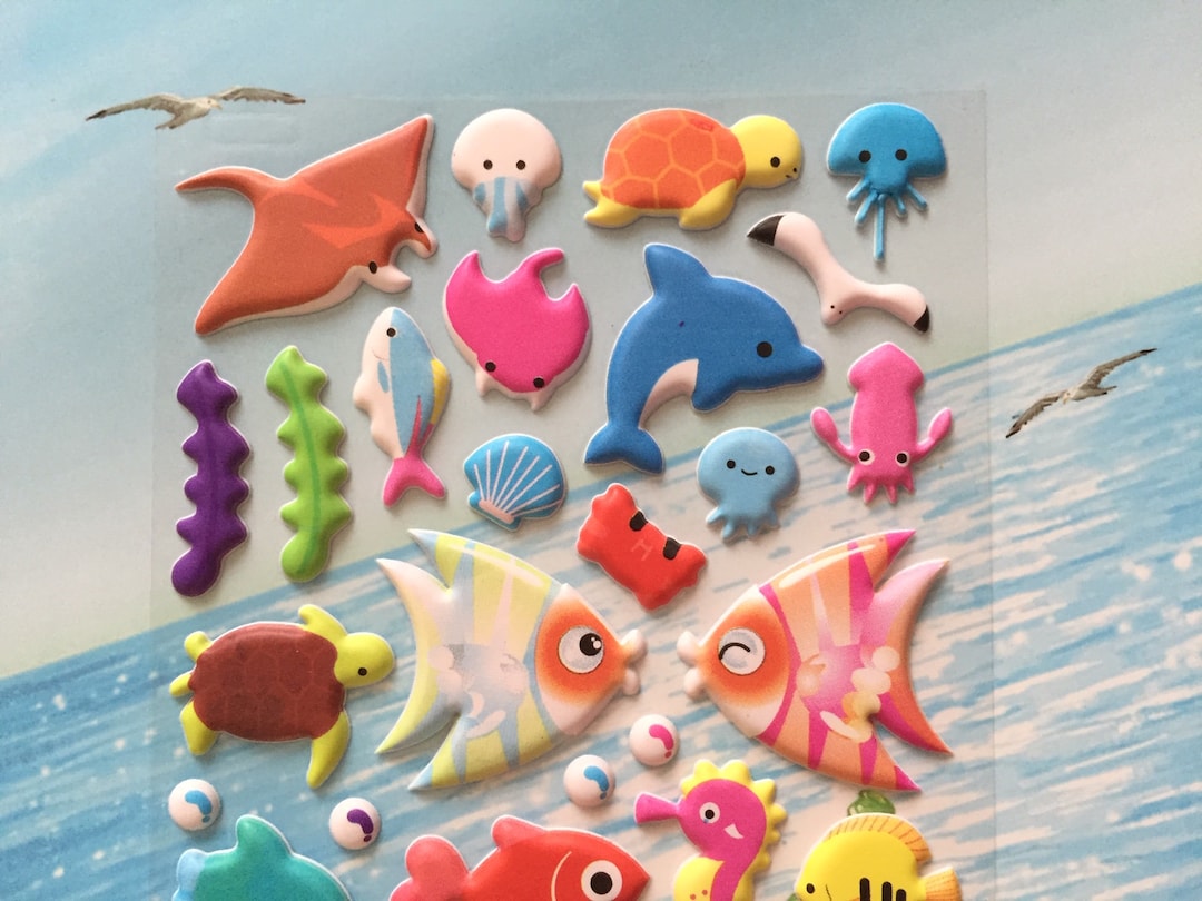 Fish in Love Cute Fish Puffy Sticker Deep Blue Sea Cartoon Tropical ...