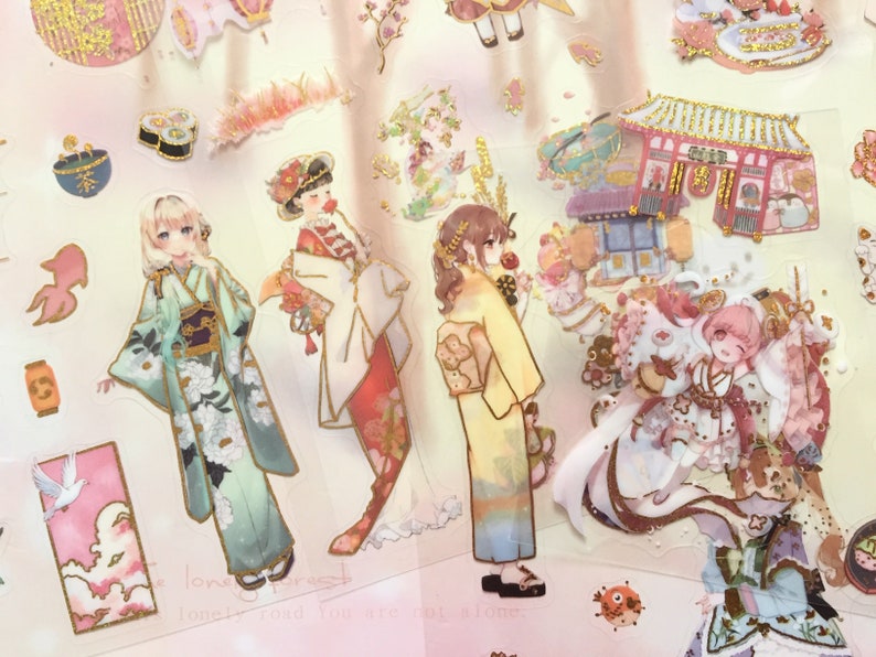 4 Sheets Japan Comic Girl Sticker Traditional Kimono Anime Cartoon ...