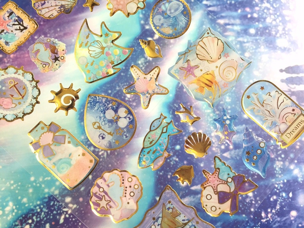 Ocean themed sticker beautiful sea world Sea shell jellyfish | Etsy