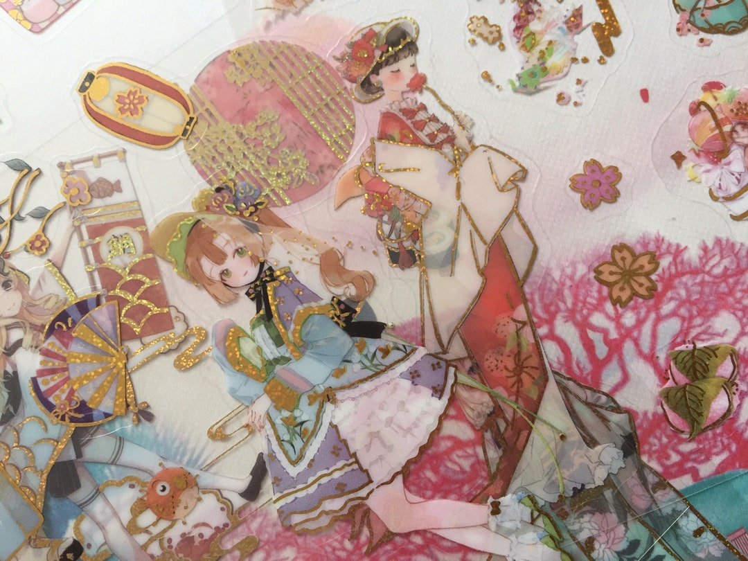 4 Sheets Japan Comic Girl Sticker Traditional Kimono Anime Cartoon ...