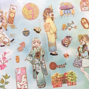 4 Sheets Japan Comic Girl Sticker Traditional Kimono Anime Cartoon ...