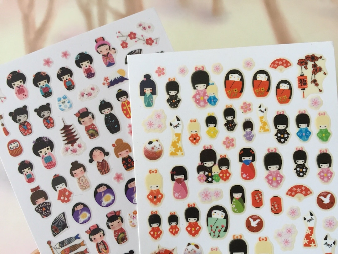 100 Kawaii Japanese Doll Sakura Stickers Japan Kokeshi Costume Kimono ...
