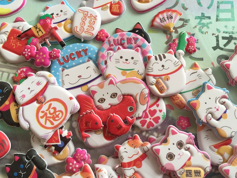 120 Maneki-neko Lucky Cat Collection Stickers Fortune Wealthy Cat Rich ...