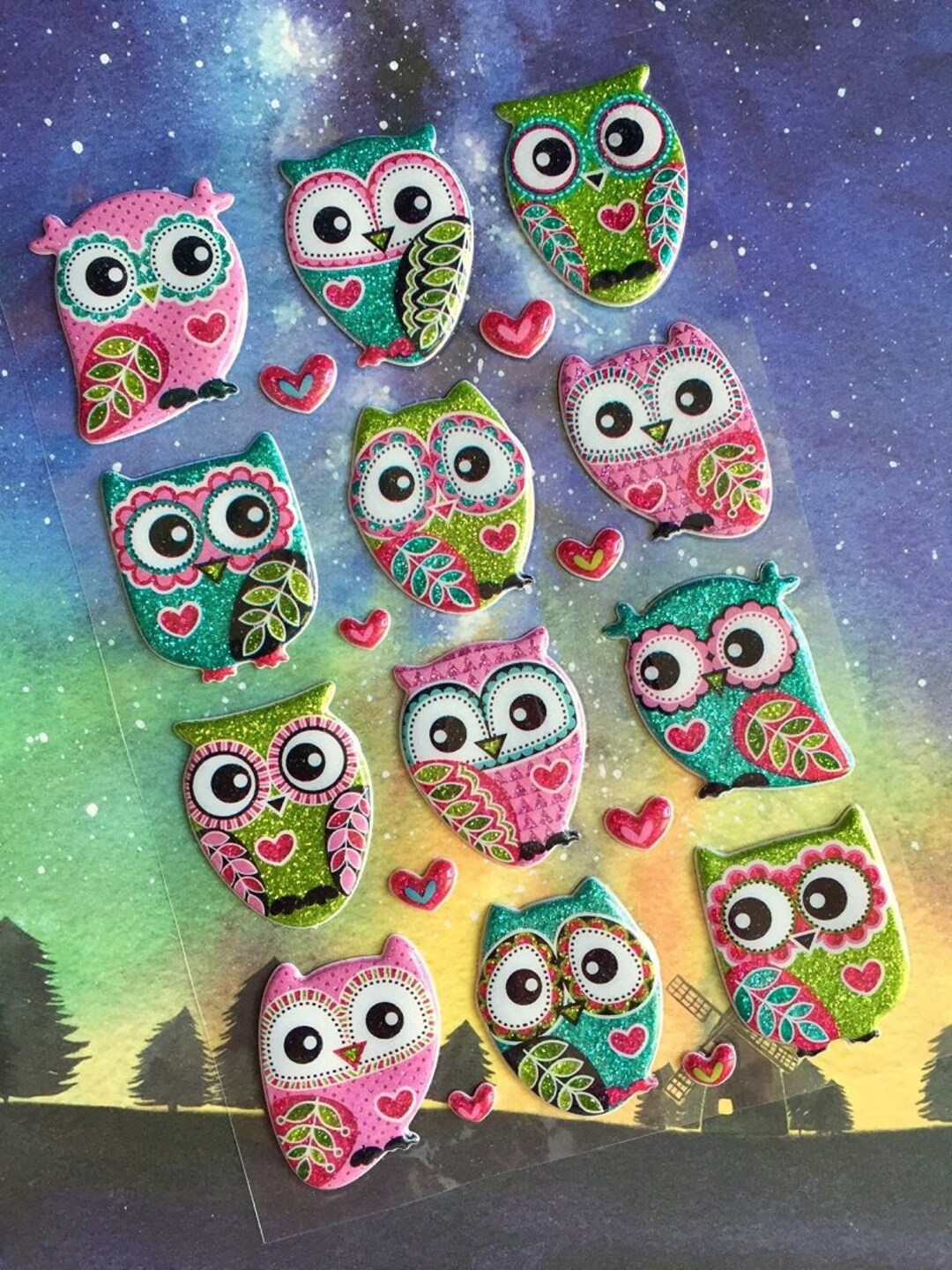 Glitter Owl Sticker Pretty Owl Big Eyes Owl Cute Owl Colorful - Etsy