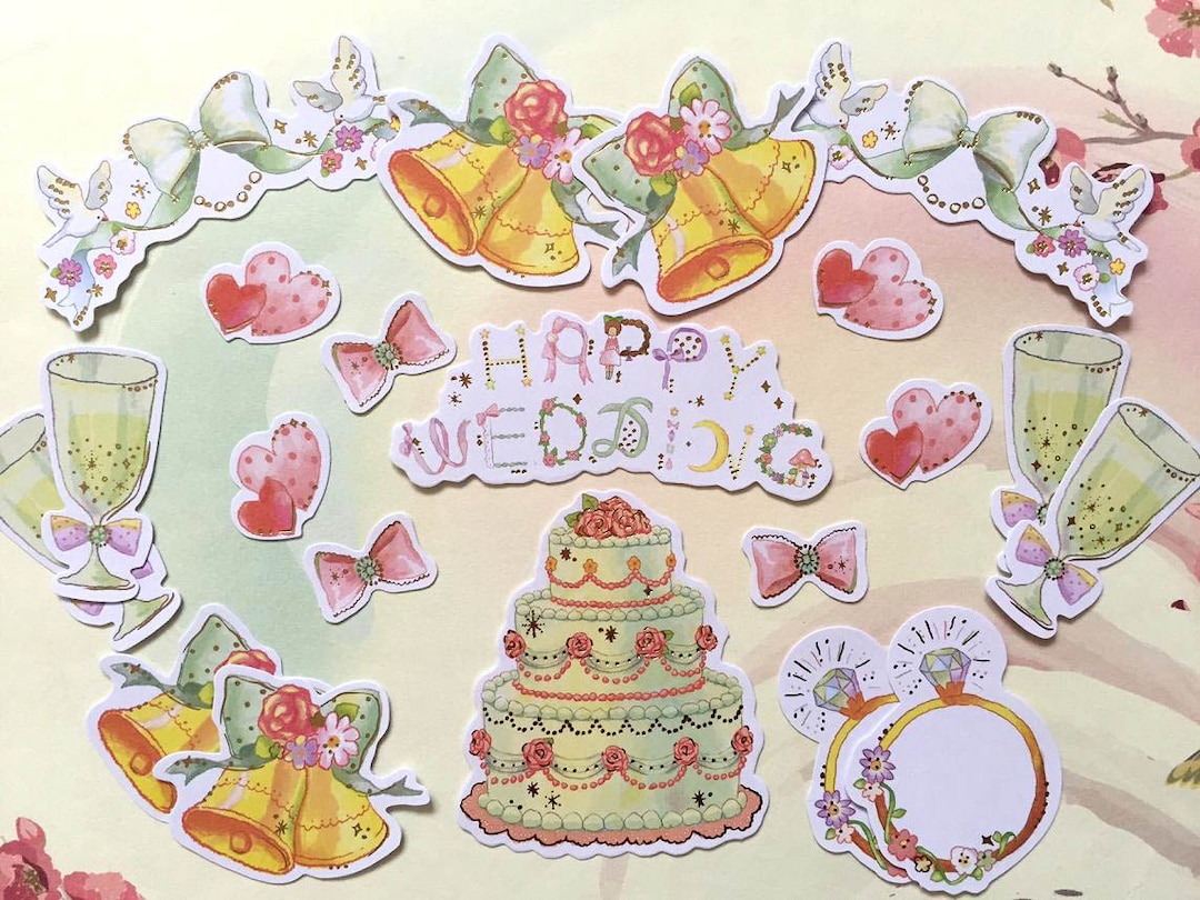 Happy Wedding Sticker Wedding Diamond Ring Cake Dove Banner Bell ...