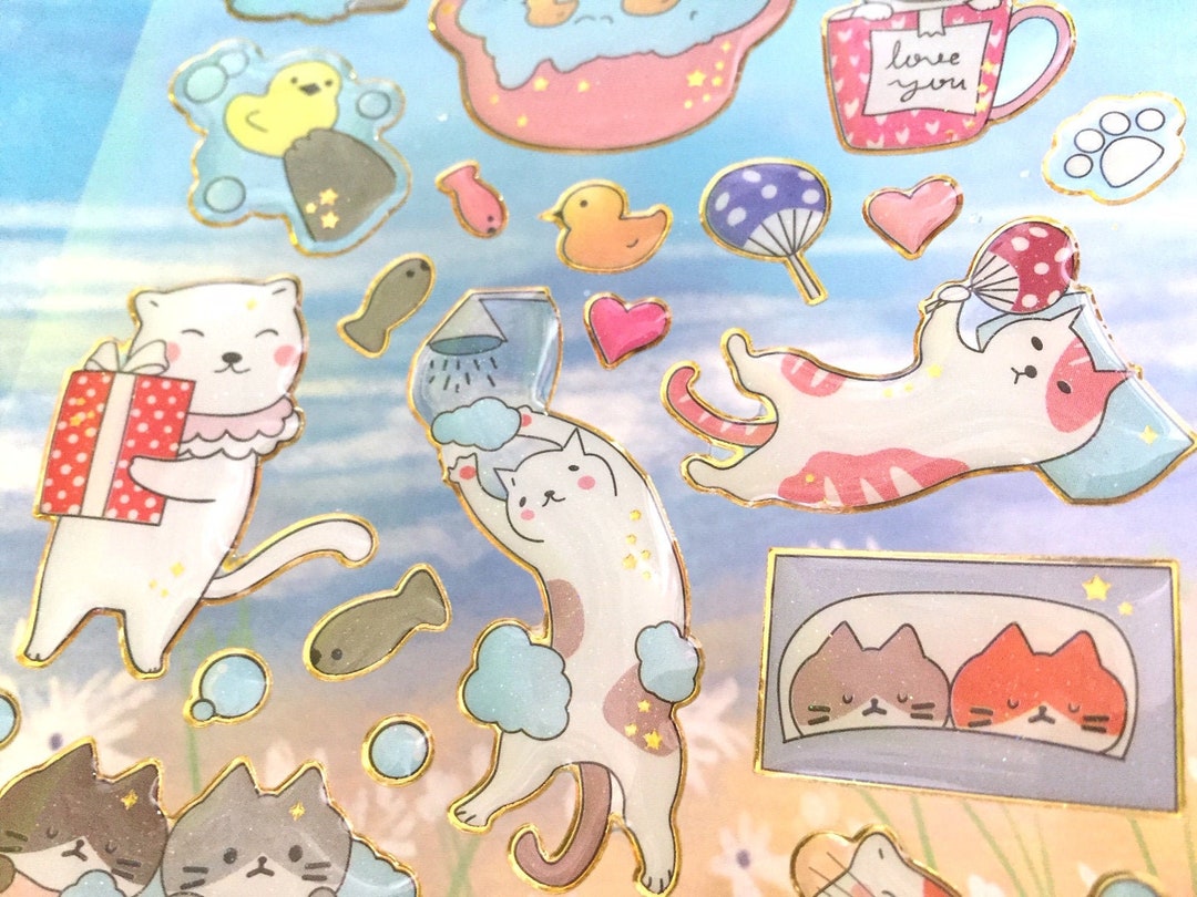 Bathing Cat Sticker Cat Bath Cat Shower Cat Bubble Bath Yellow Rubber ...