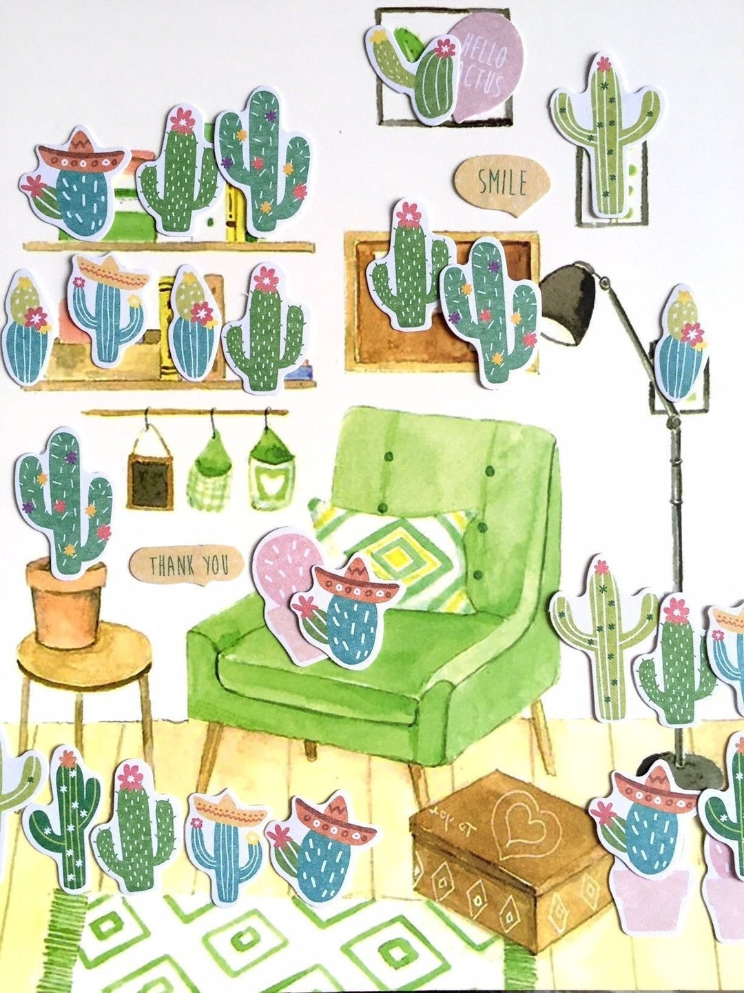 Cactus Plant Sticker Mini Potted Cactus Green Garden Paper Sticker Mini ...