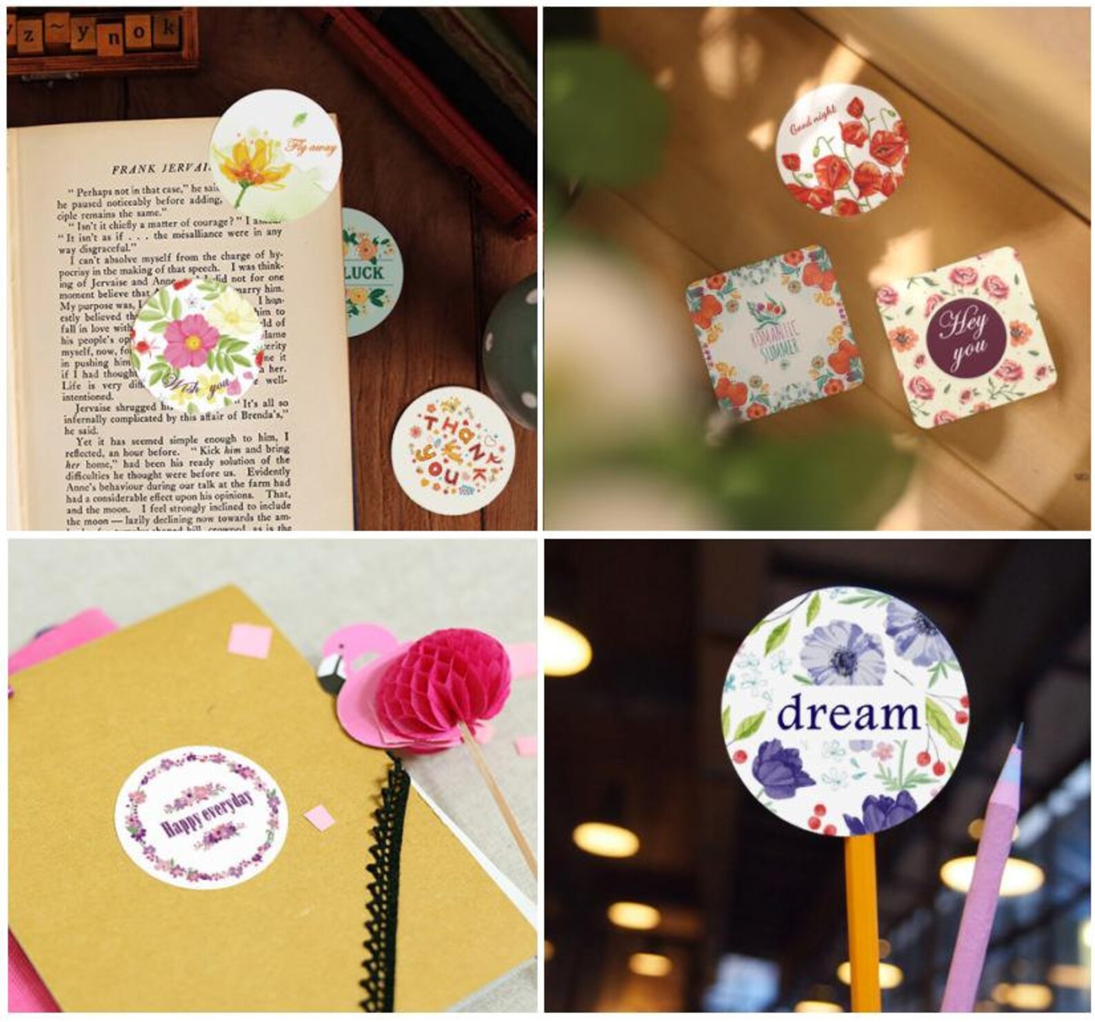 38 Flower Lable Sticker Set Rose Floral Round Sticker Colorful Flower ...