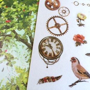 Clock Themed Sticker Cute Birds Clock Gears Bird Feather Vintage Clock ...