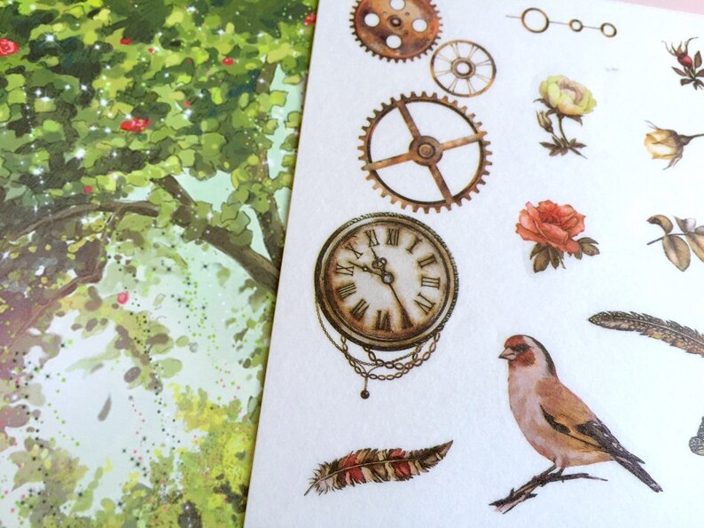Clock Themed Sticker Cute Birds Clock Gears Bird Feather Vintage Clock ...