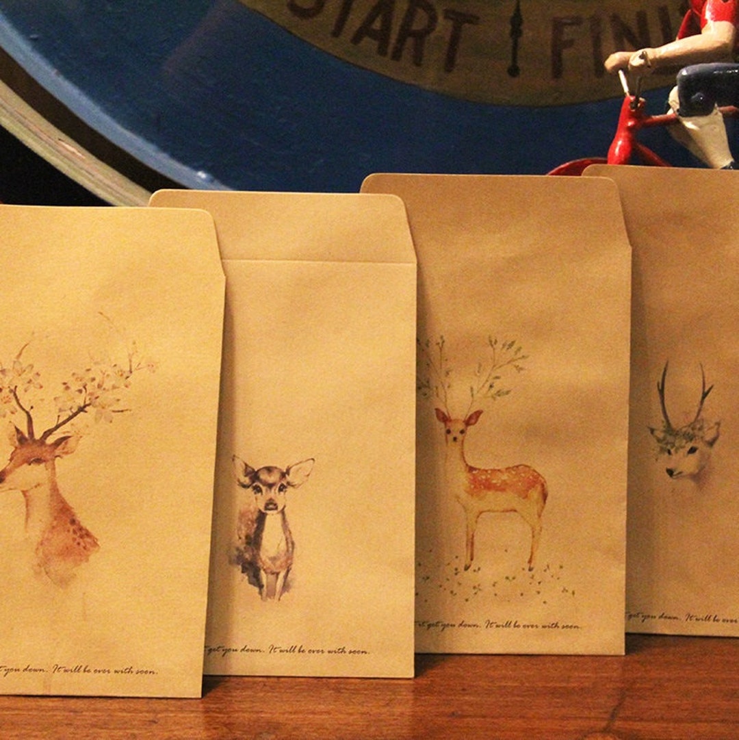 4 Lovely Deer Envelopes Deer Themed Kraft Envelope 4pcs Reindeer Elk ...