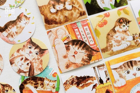 Cartoon Cat Label 45 Sticker Watercolor Cat Sticker Cat - Etsy