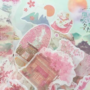 45 Cherry Blossom Sakura Themed Sticker Mount Fuji Pink Flower Flower ...