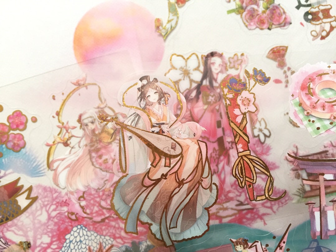 4 Sheets Oriental Cartoon Girl Sticker Japan Landscape Kimono Dress ...