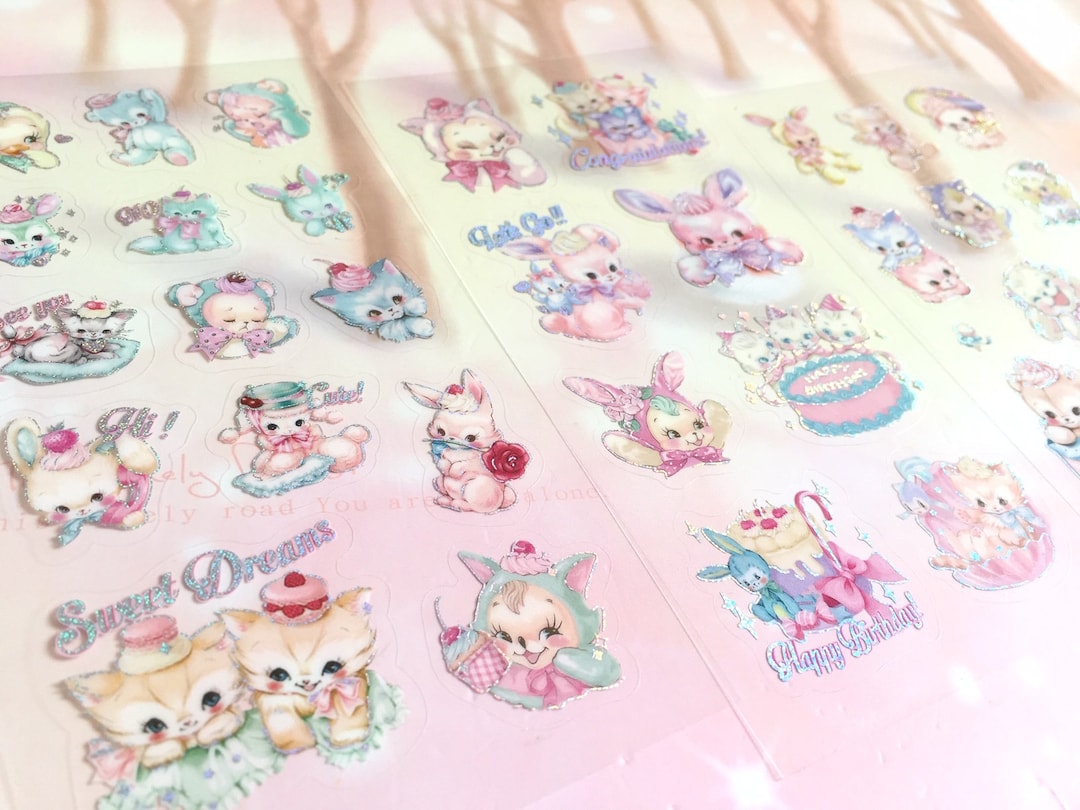 Adorable Pet Animal Sticker Vintage Cartoon Rabbit Cat Teddy Bear Duck ...