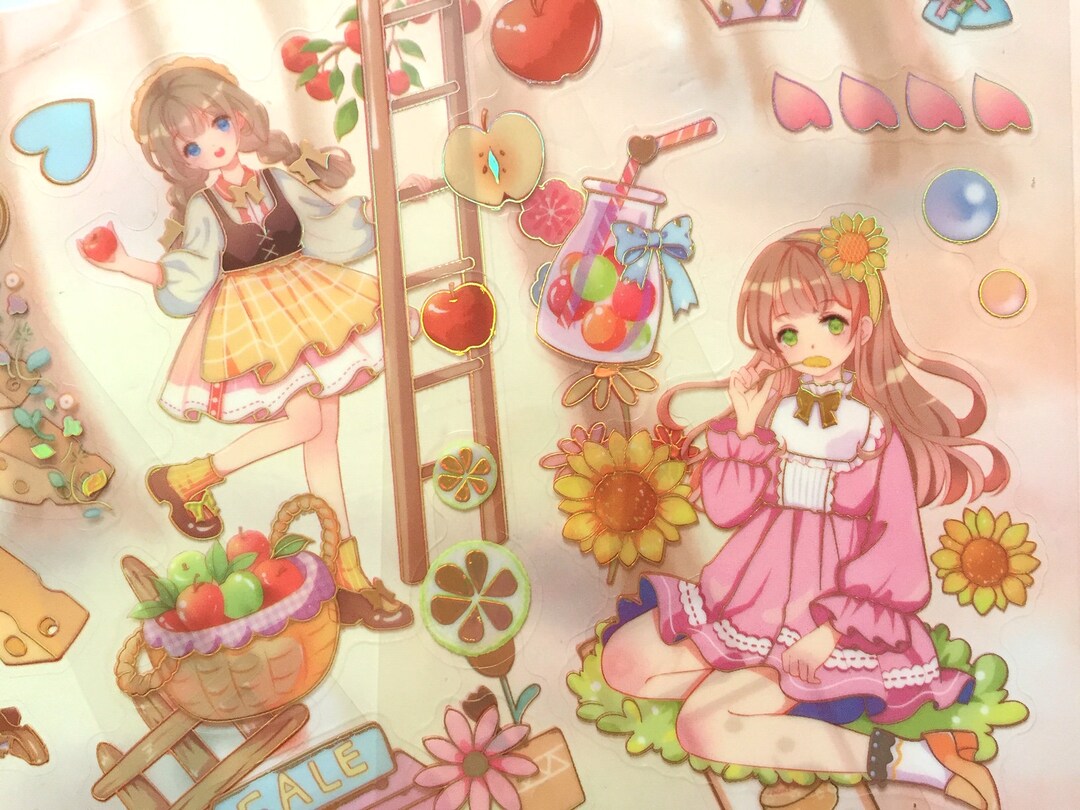 Set of 4 Apple Orchard Cartoon Girl Sticker Apple Farmers Picking ...